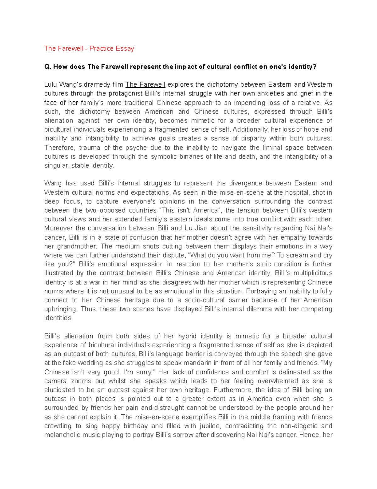The Farewell - Cultural Conflict and Identity in Practice Essay - Studocu