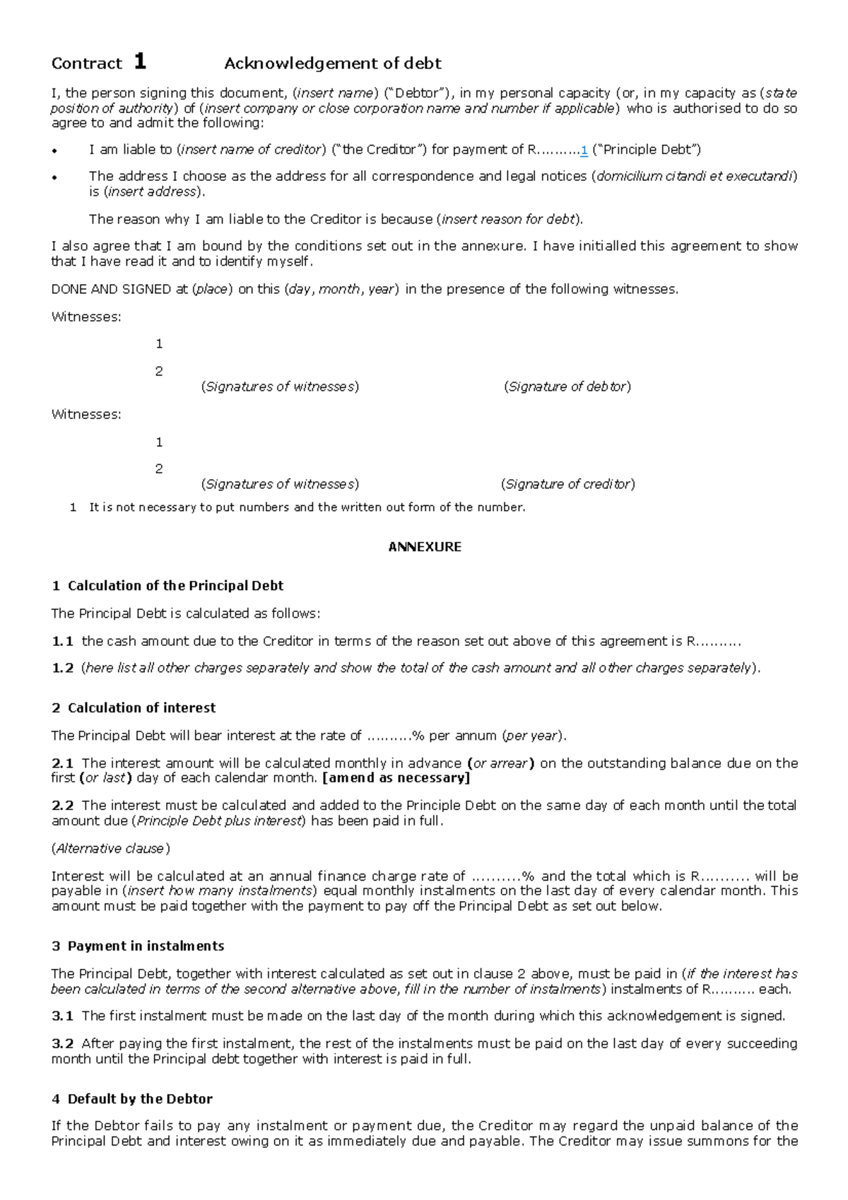 Acknowledgement of Debt Template - Contract 1 - Studocu