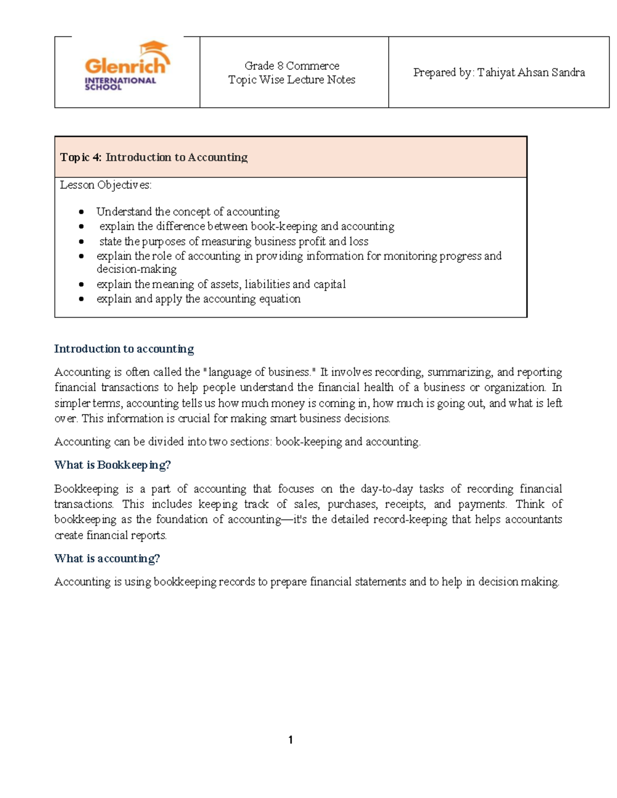 Grade 8 Commerce Topic 4: Introduction to Accounting Lecture Notes ...