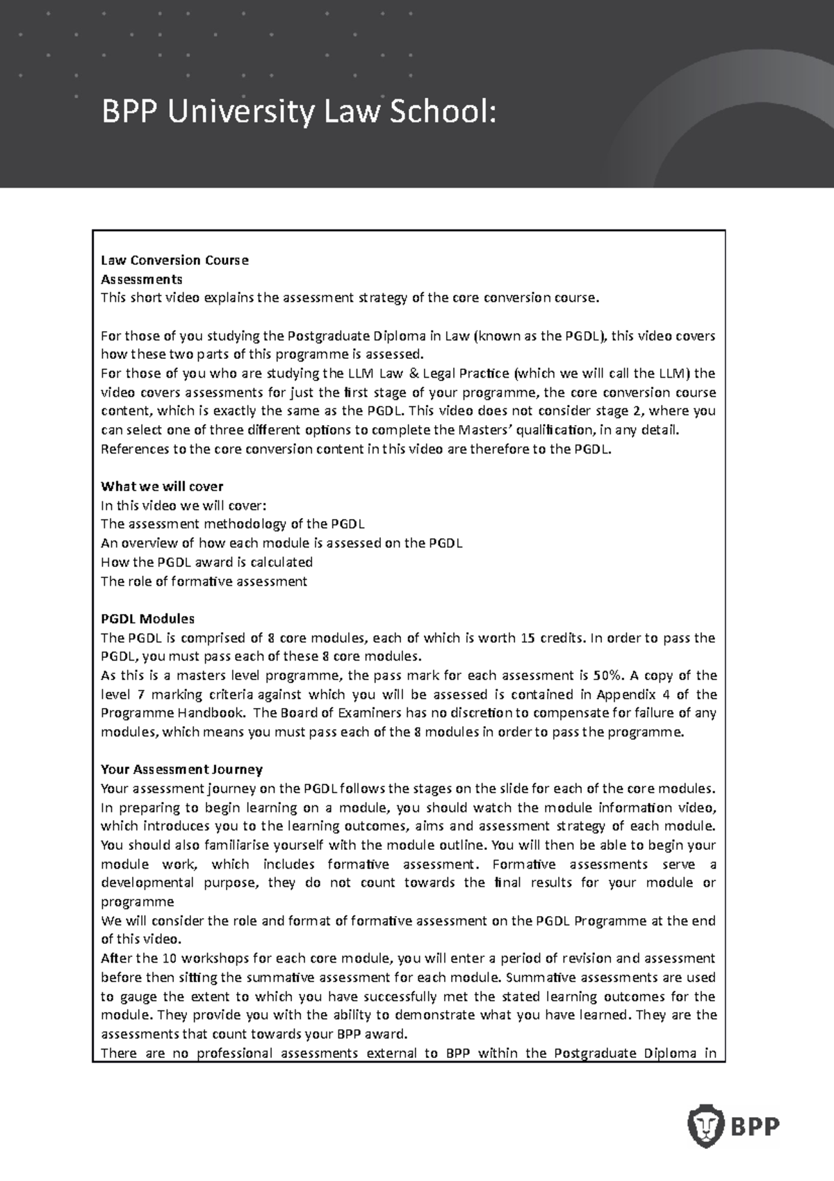 P GDL Assessments script - Law Conversion Course Assessments This short ...