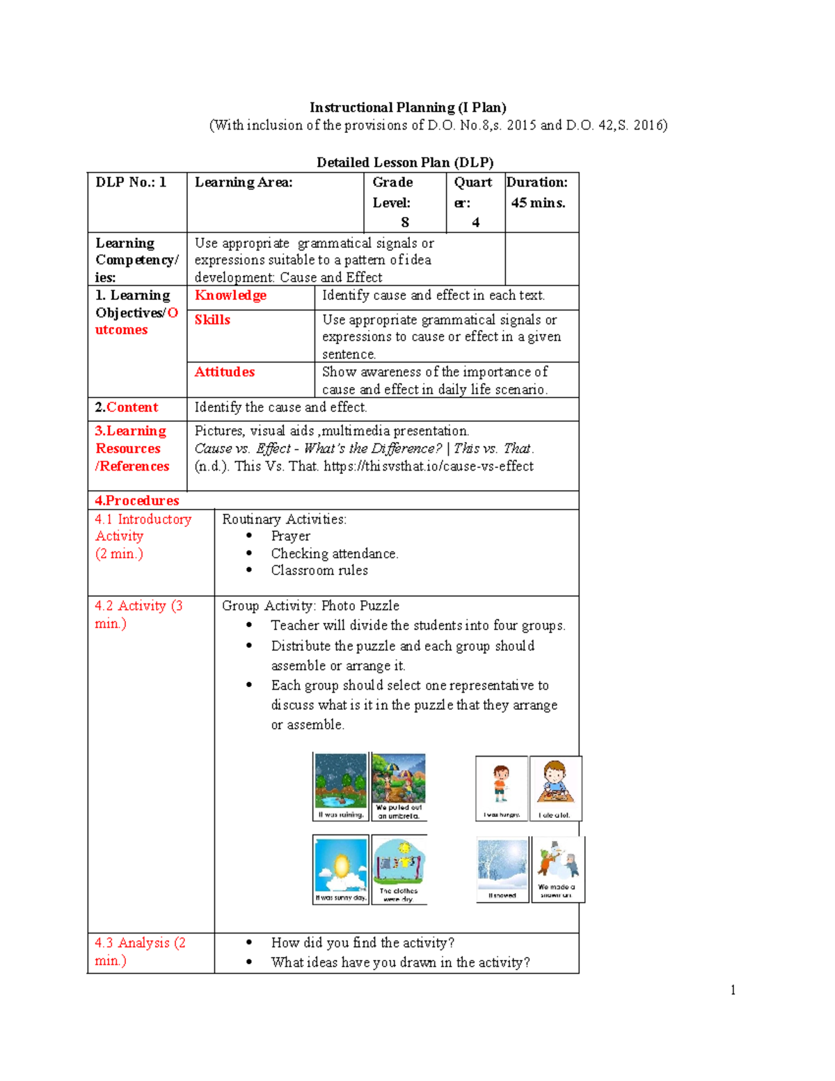 Lesson Plan Template: Cause and Effect (Grade 8 - Quarter 4) - Studocu