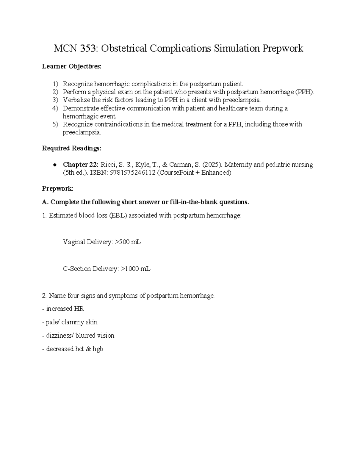 MCN 353: OB Complications Simulation Prepwork and Learner Objectives ...