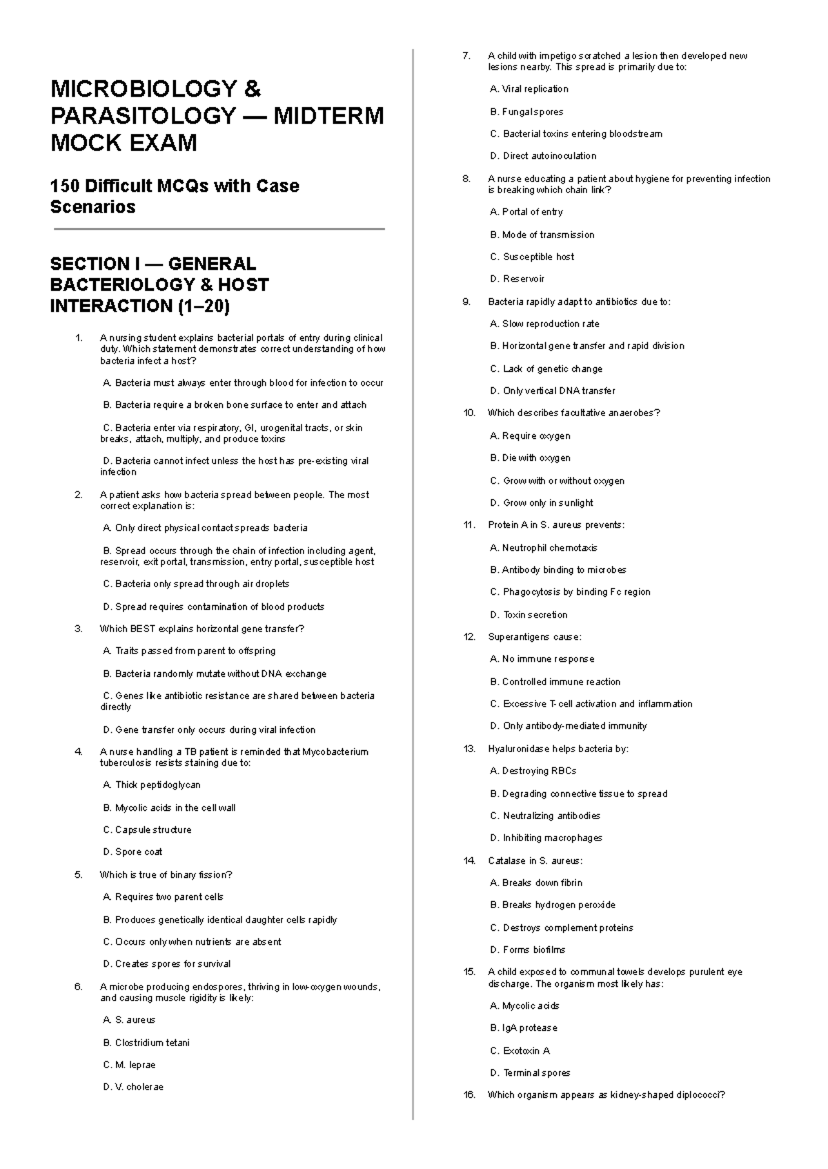 MICROBIOLOGY PARASITOLOGY MIDTERM MOCK EXAM: 150 MCQs with Case ...