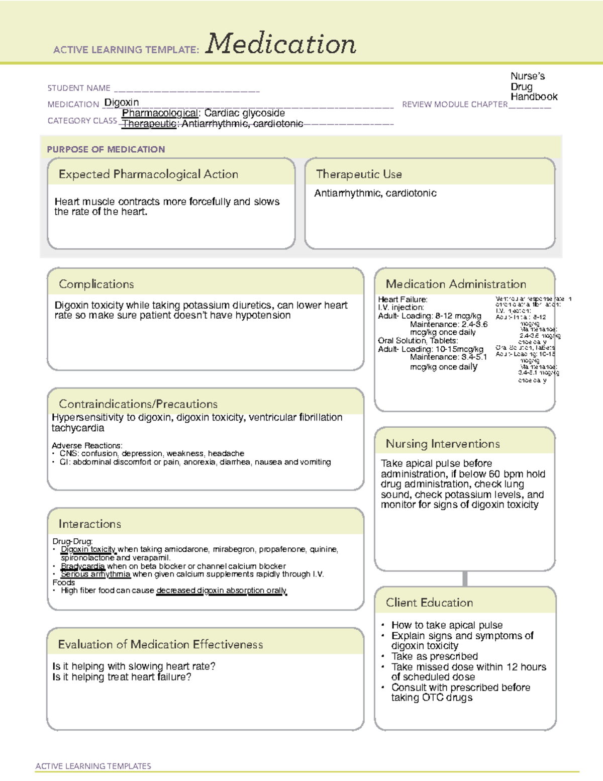 ATI Medication Digoxin - ACTIVE LEARNING TEMPLATES Medication STUDENT ...
