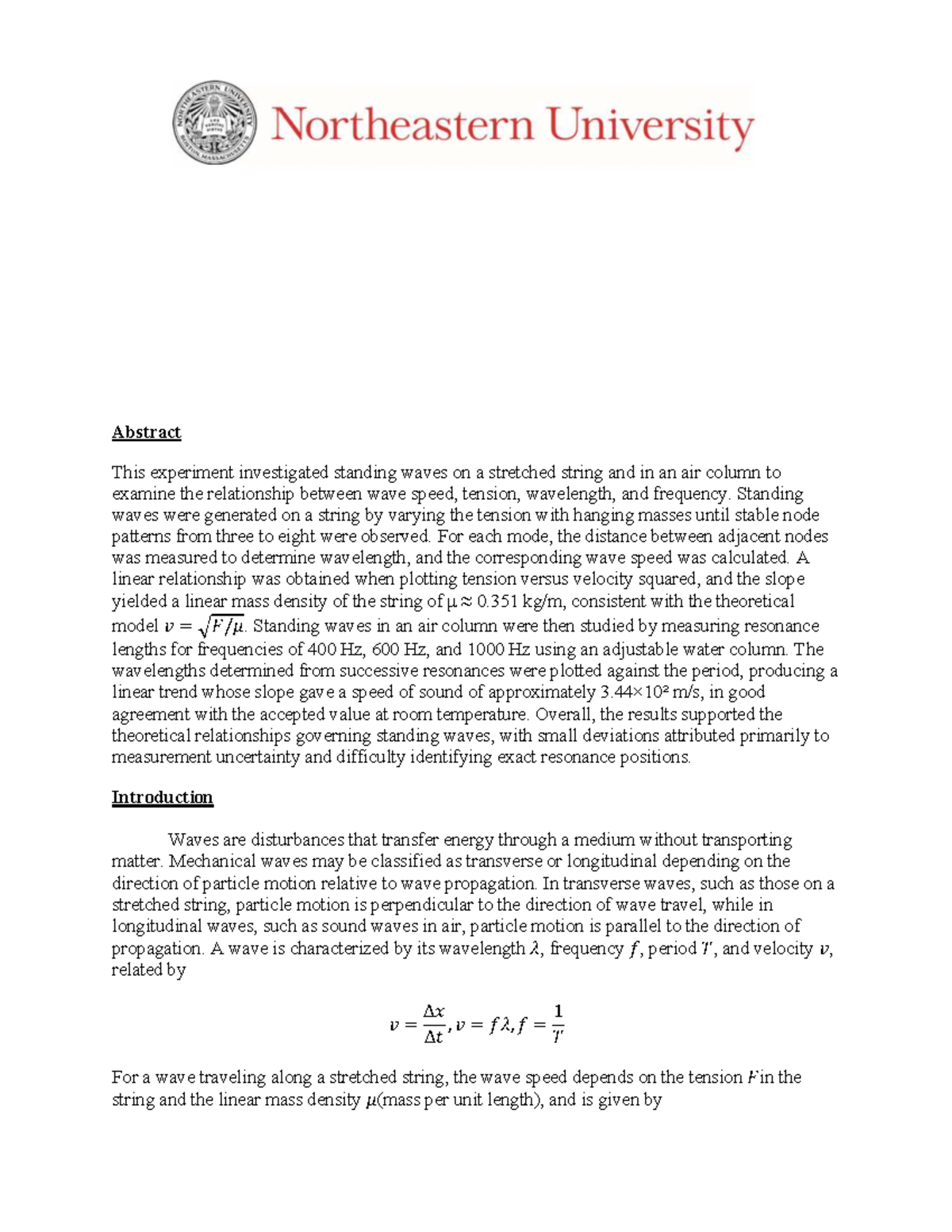Lab Report: Standing Waves on a Stretched String and in Air Column ...