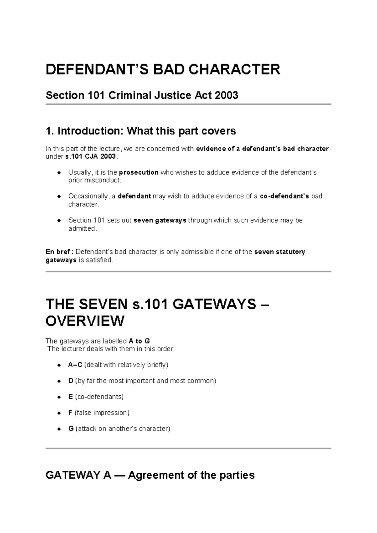 BAD CHARACTER Evidence under Section 101 CJA 2003 - Lecture Notes - Studocu