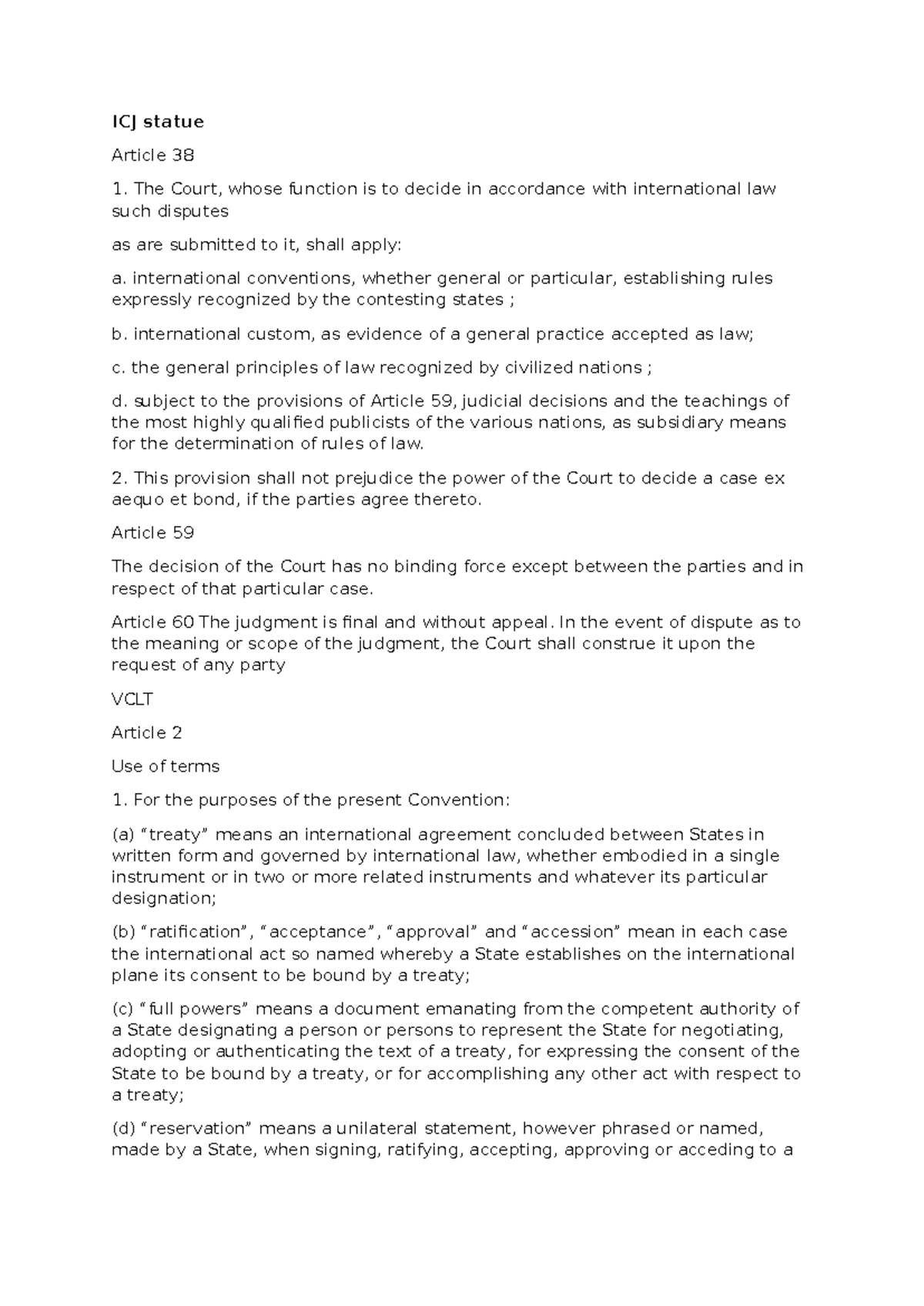 Public International Law Articles: ICJ Statute & VCLT Overview - Studocu