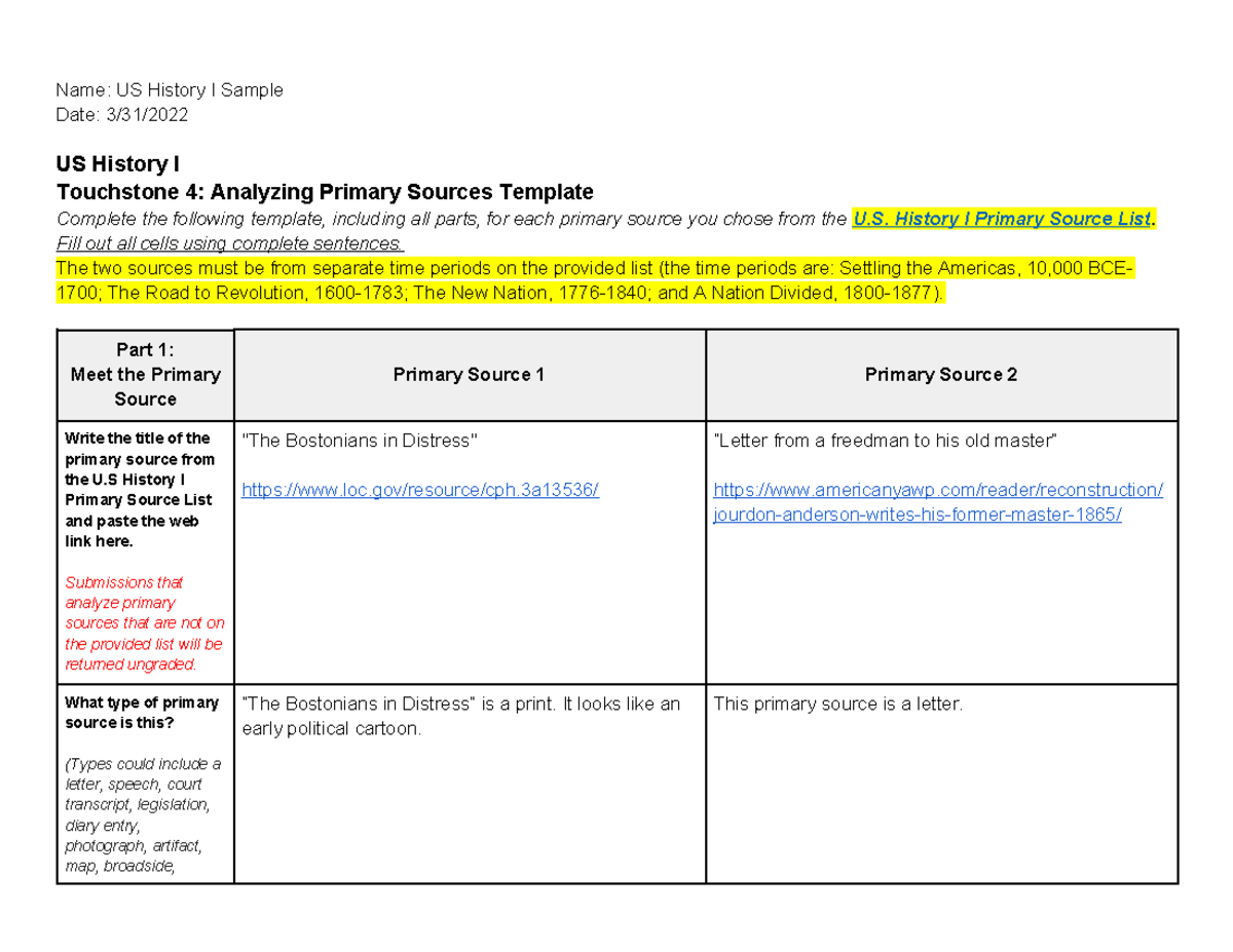 US History I Touchstone 4: Primary Sources Analysis Outline - Studocu