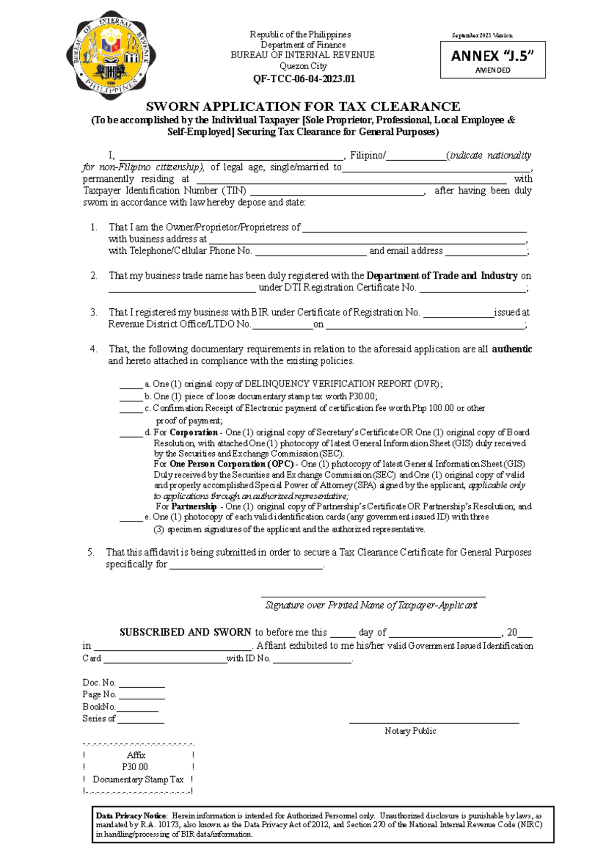Annex J - Tax Clearance Requirements Submission to BIR (Sept 2023 ...