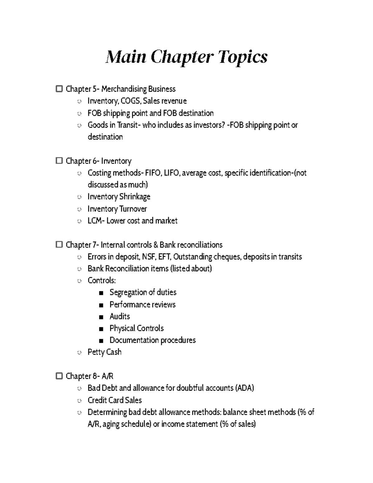 Accounting Units Review - Main Chapter Topics Chapter 5- Merchandising ...