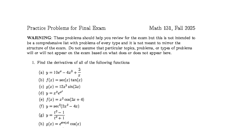 Math 131 Final Exam Practice Problems Review, Fall 2025 - Studocu