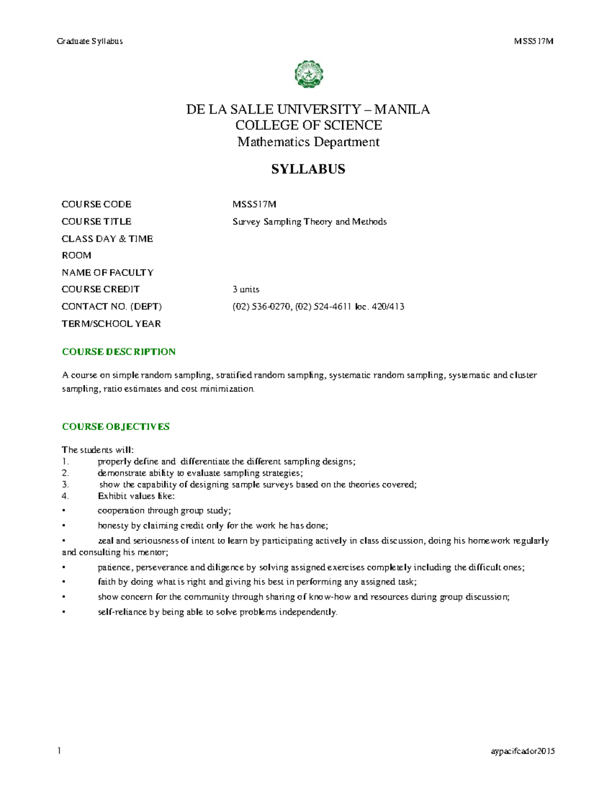 MSS517M - Graduate Syllabus: Survey Sampling Theory & Methods - Studocu