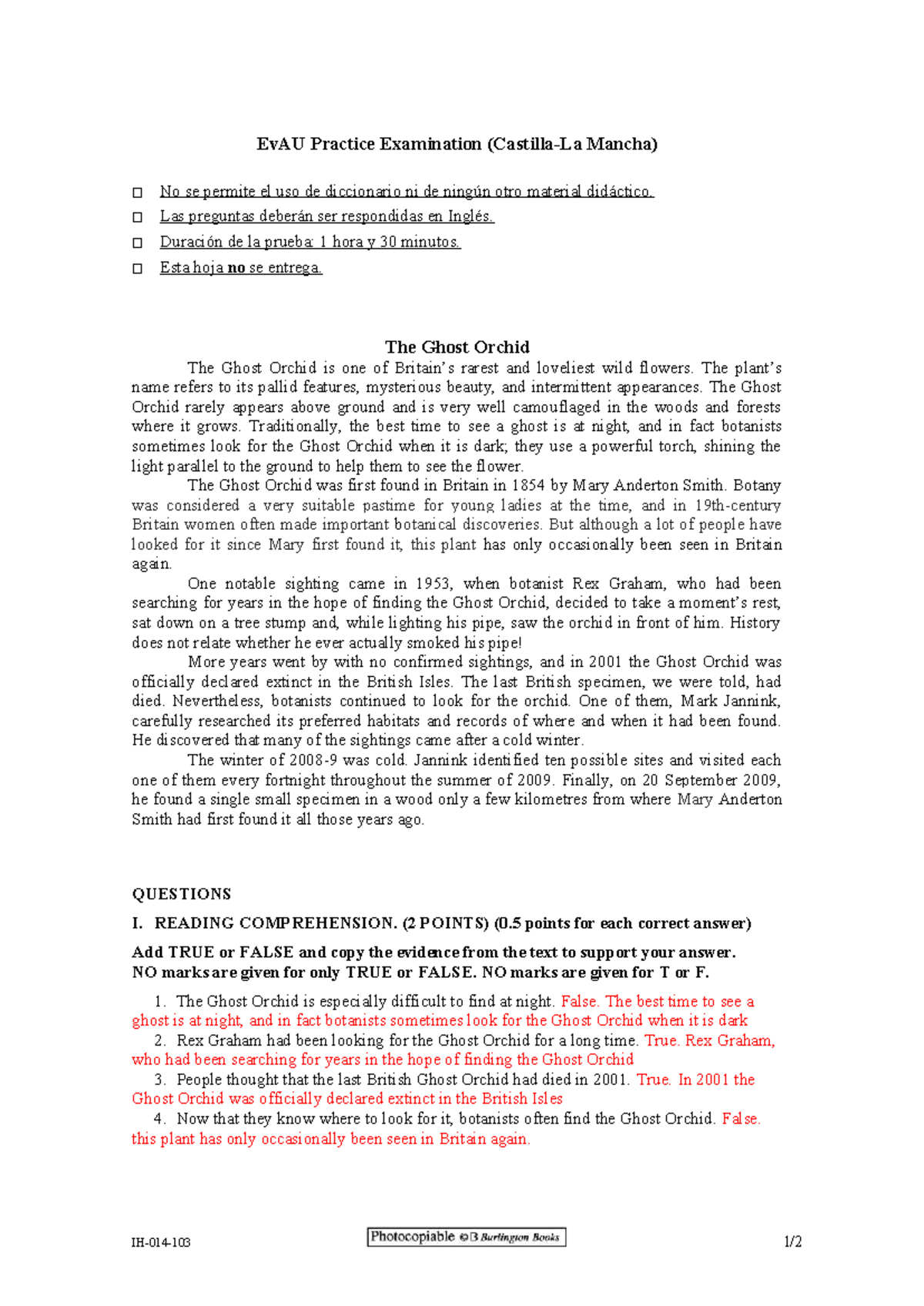 EvAU Practice Exam: The Ghost Orchid Reading Comprehension - Studocu