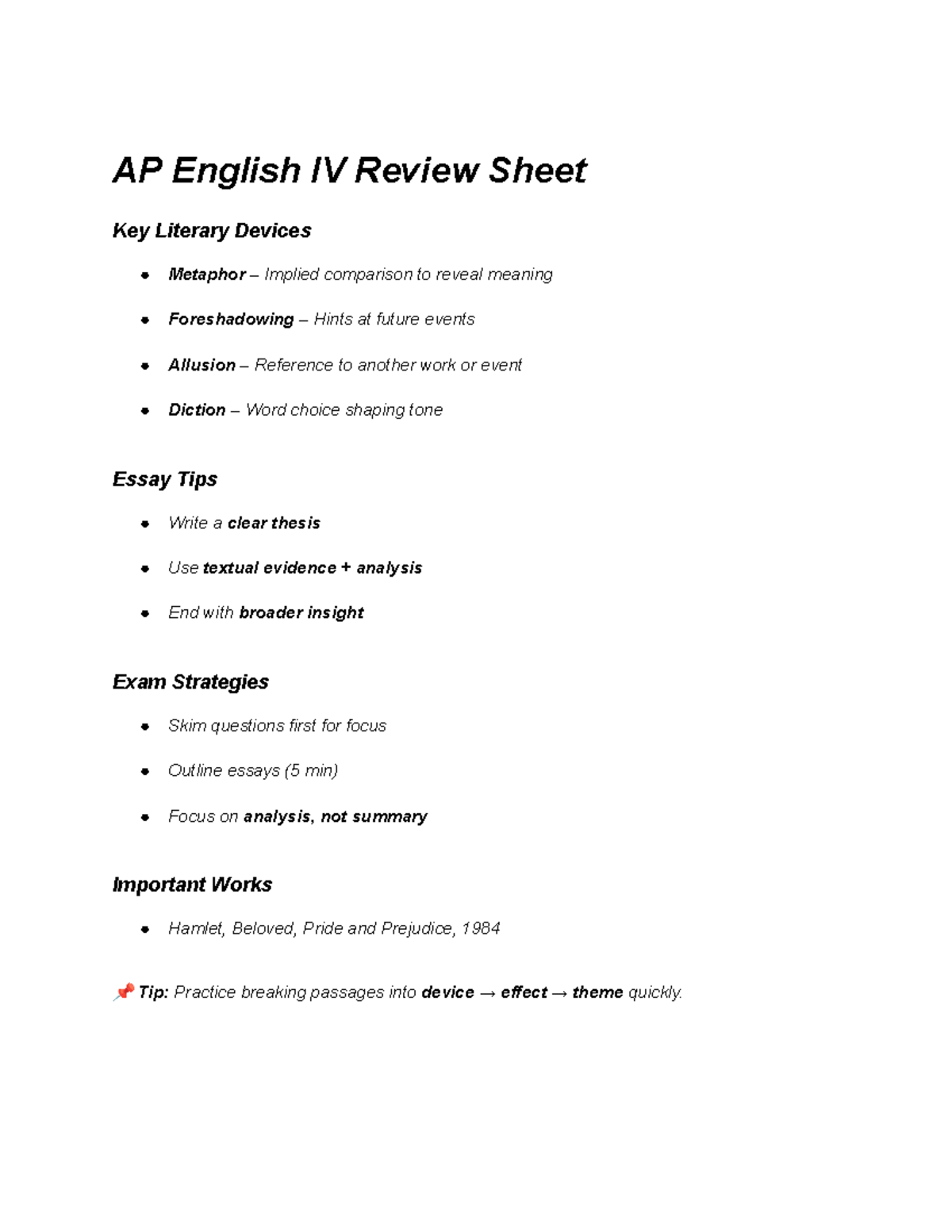 AP English IV Review Sheet - Studocu