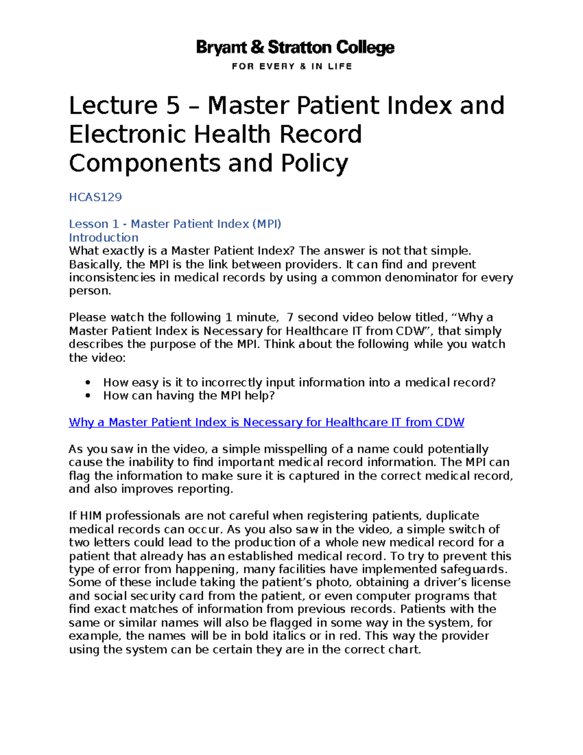 HCAS129 - Lecture 5 - Understanding Master Patient Index & EHR Policies ...