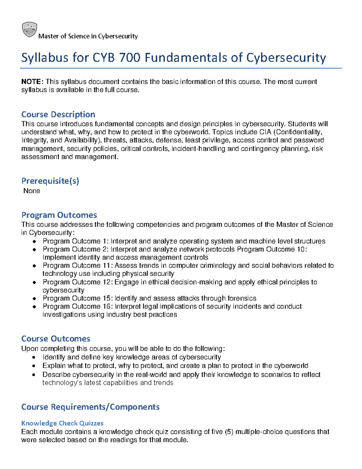 CYB700 - I WOULD LIKE TO REVIEW MORE ABOUT THE COURSE - Master of ...