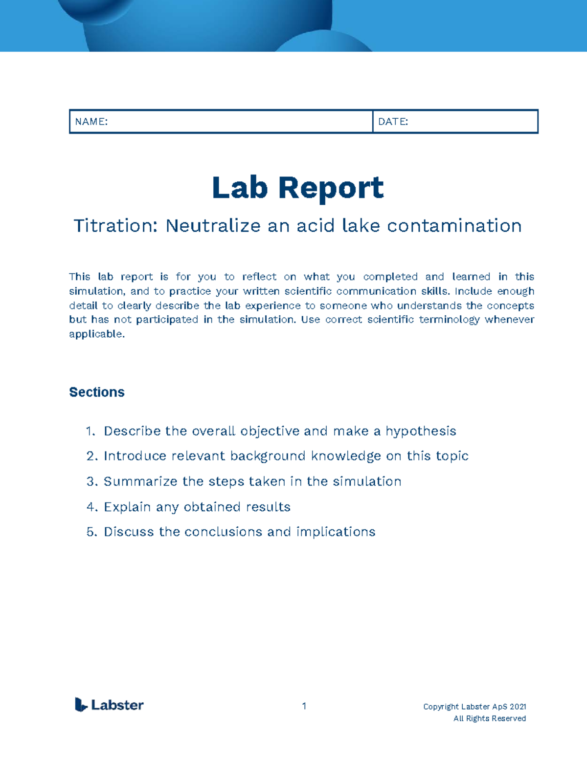 Lab Report: Titration for Acid Lake Contamination Neutralization - Studocu