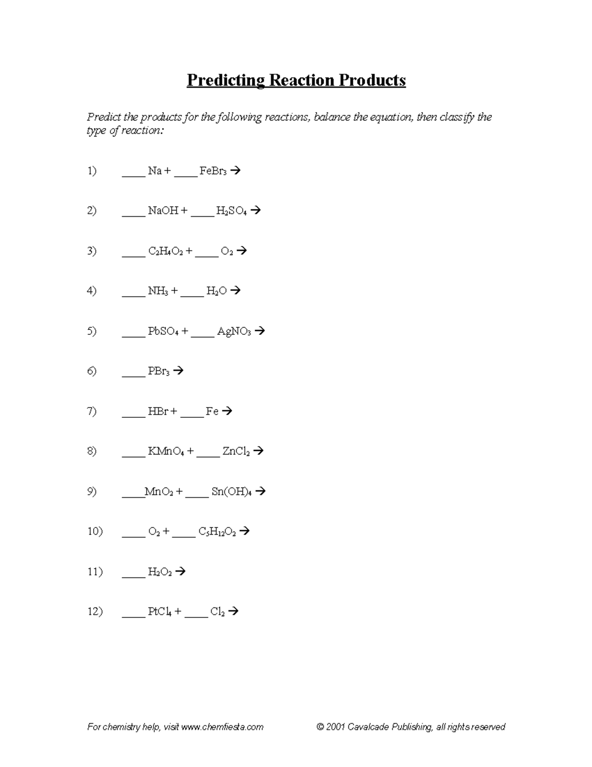 Predicting Reaction Products Worksheet with Solutions and Key - Studocu