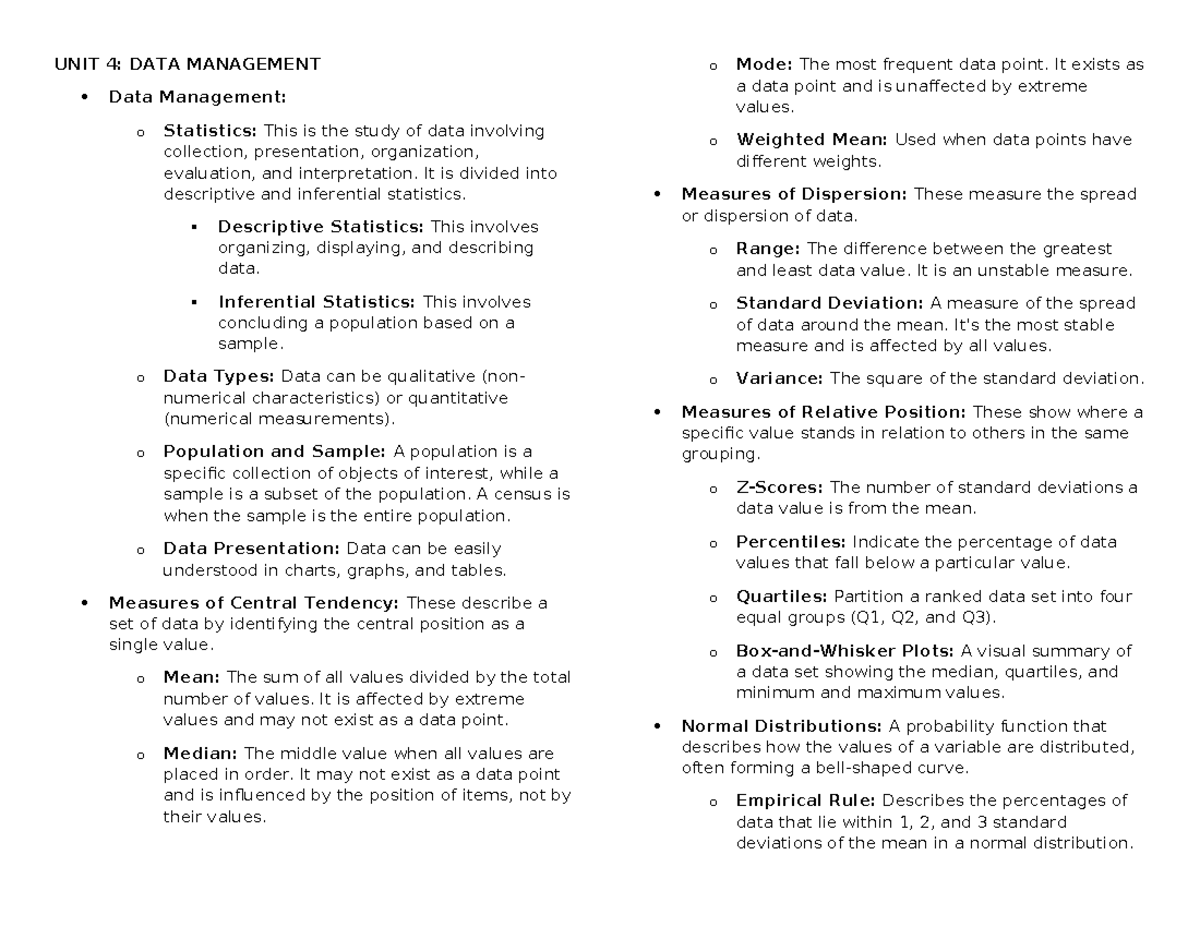 Mathematics in the Modern World: Unit 4 and 5 - UNIT 4: DATA MANAGEMENT ...