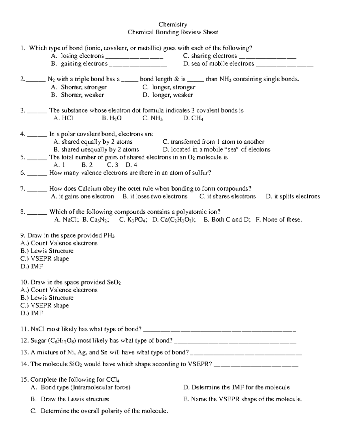 3b-Study Guide - Chemistry Chemical Bonding Review Sheet Which type of ...