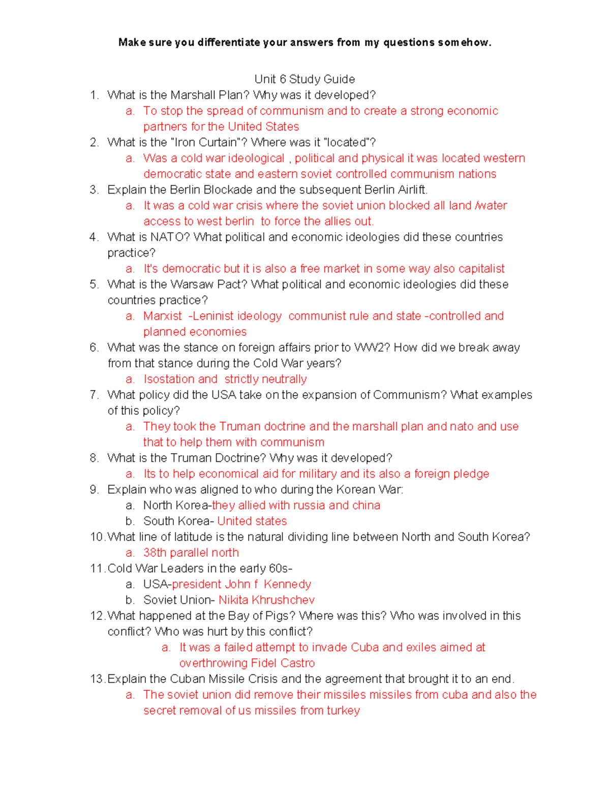 Unit 6 Study Guide: Cold War Key Concepts and Events - Studocu