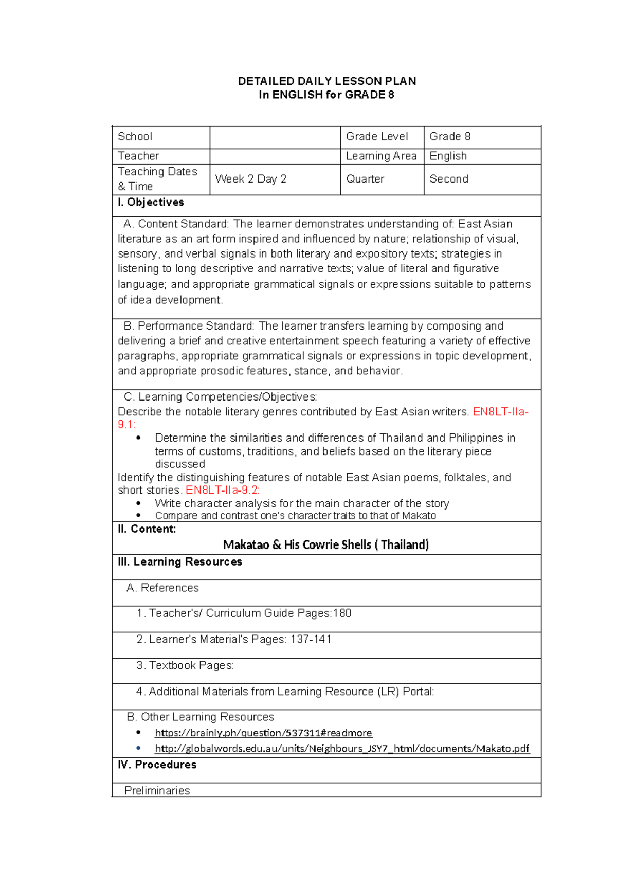 GRADE 8 Daily Lesson Plan: Exploring East Asian Literature - Studocu