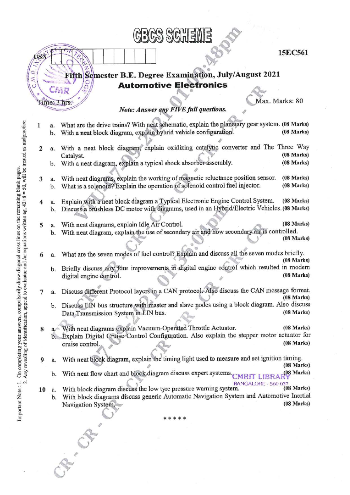 VTU 15EC561 Automotive Electronics Question Paper - Aug 2021 - Studocu