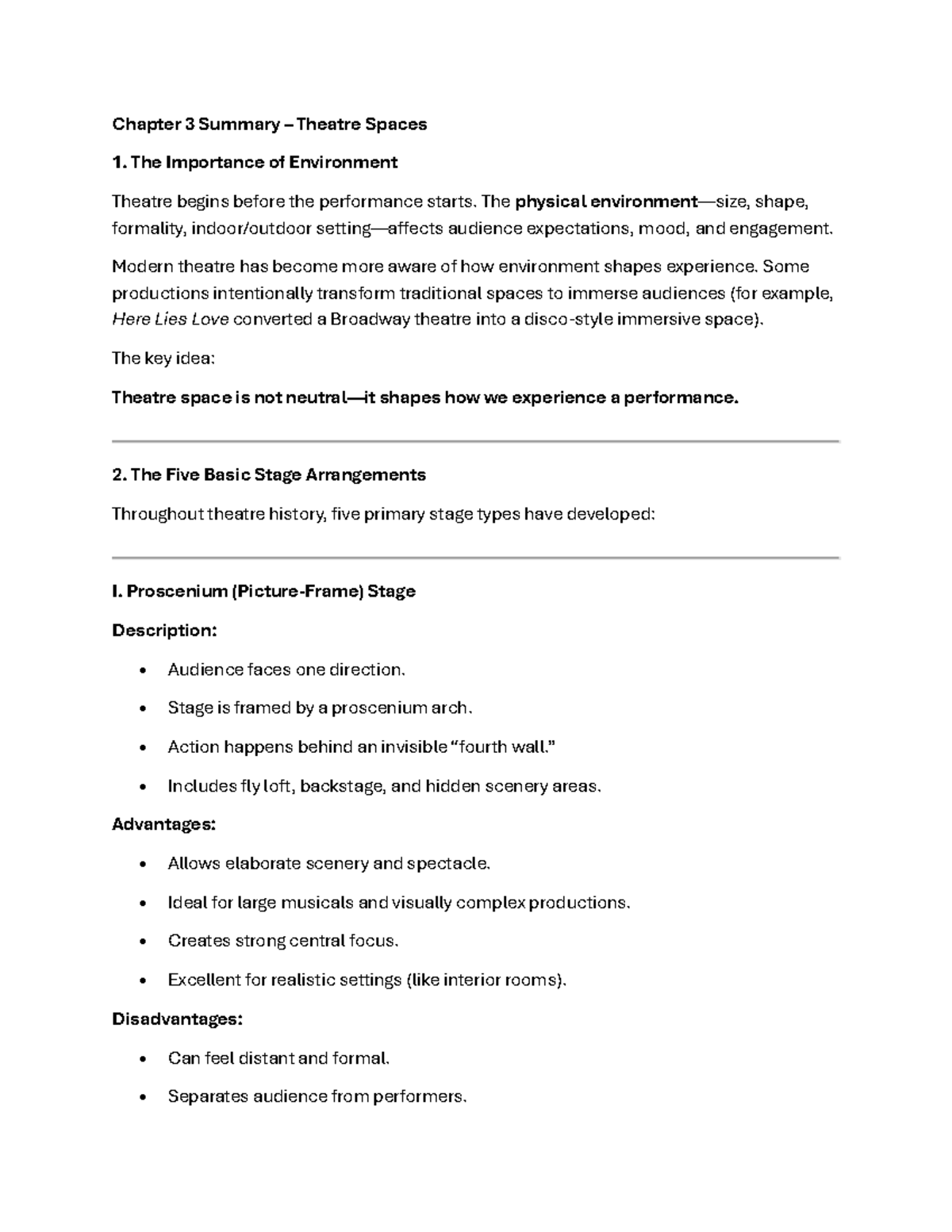 Theatre Spaces: Chapter 3 Summary on Environment & Stage Types - Studocu