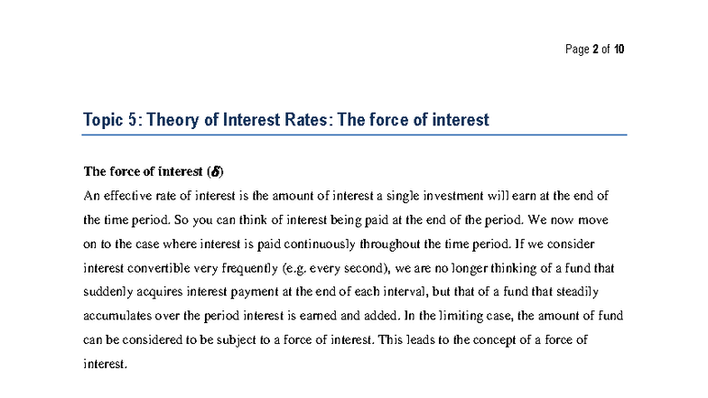 Theory of Interest Rates: Force of Interest - Topic 5 Notes - Studocu