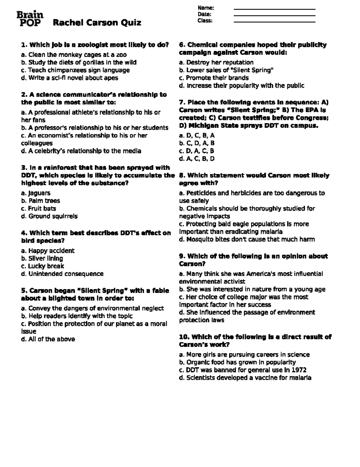 Rachel Carson Quiz (Silent Spring) - Test Your Knowledge on Key ...
