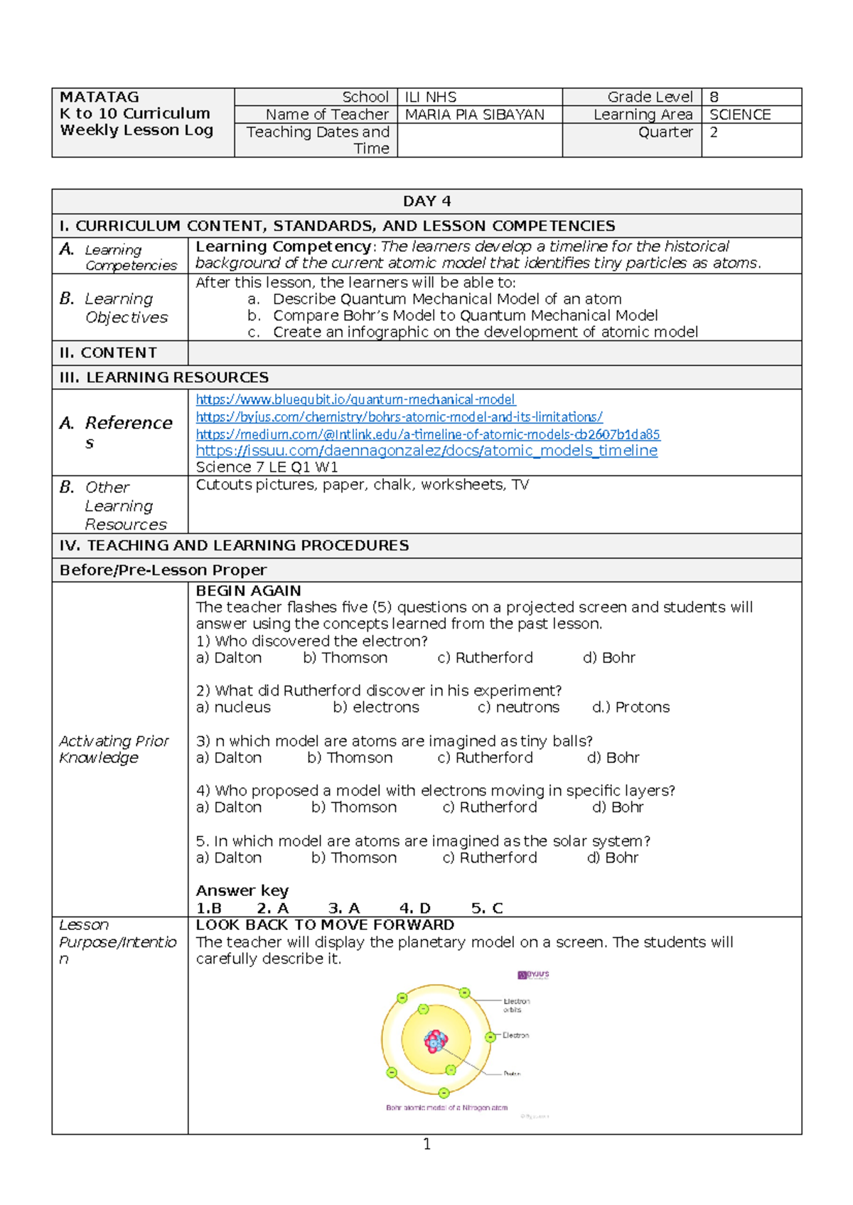 Q2 LE SCI8 WK1 D4 - Weekly Lesson Log on Atomic Models - Studocu