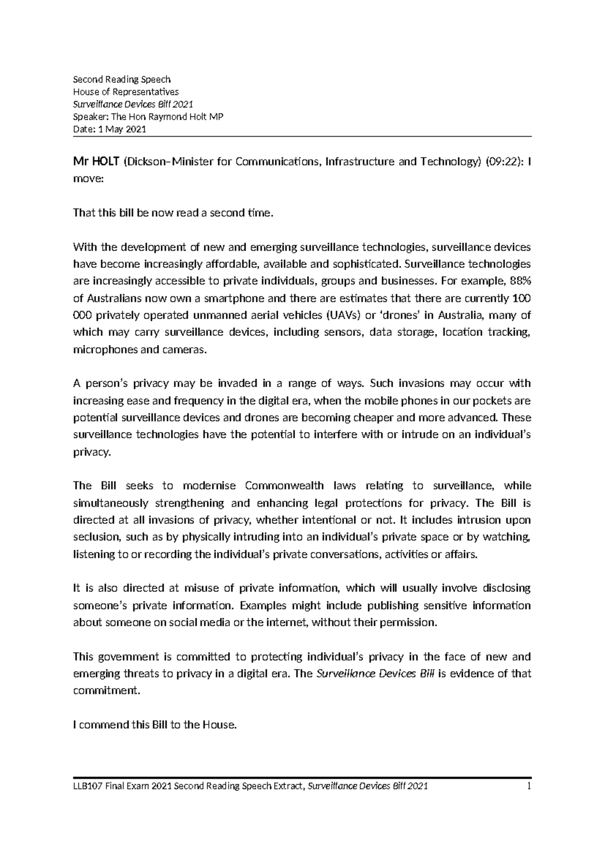 LLB107 Final Exam 2021: Second Reading Speech on Surveillance Devices ...