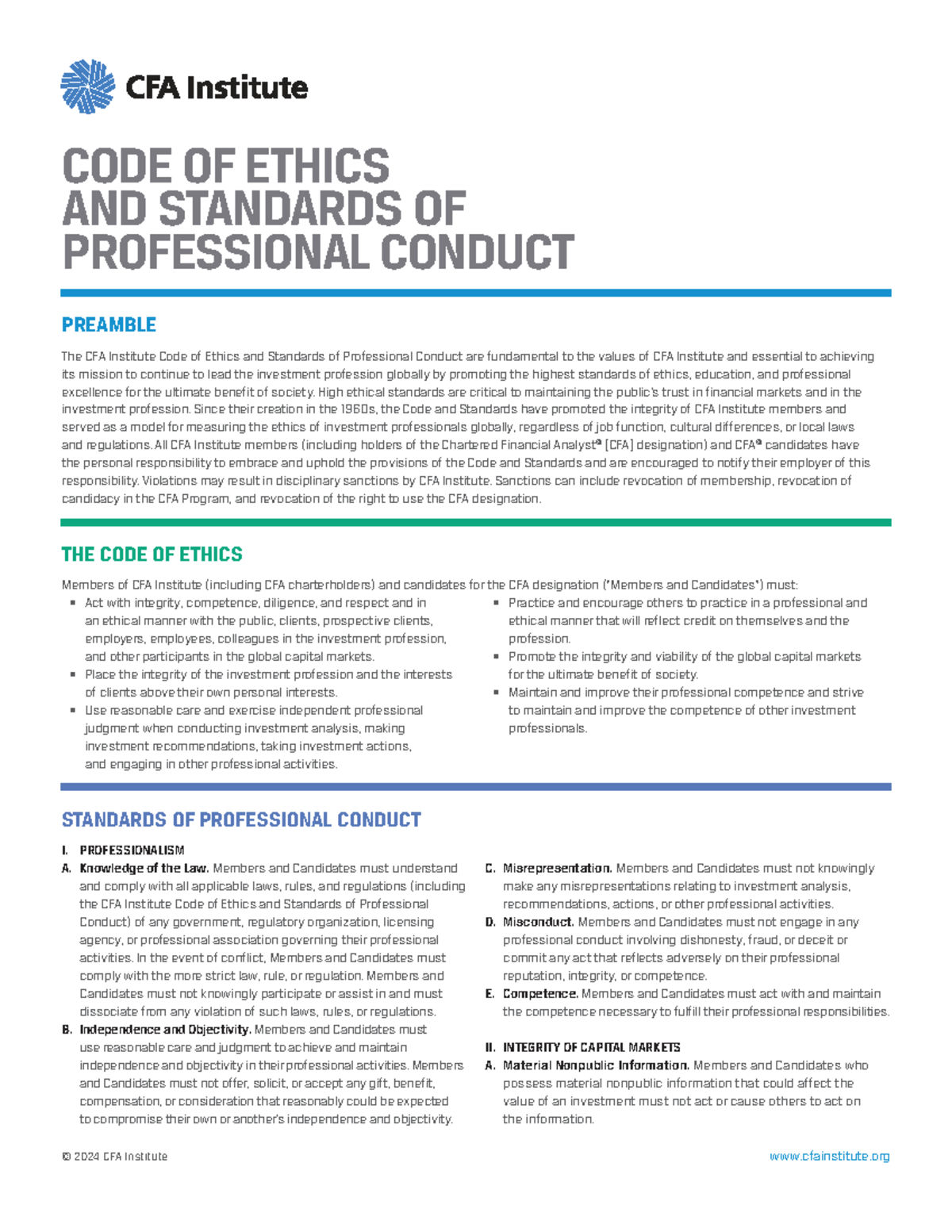 CFA 2024 Code of Ethics & Standards of Professional Conduct - Studocu