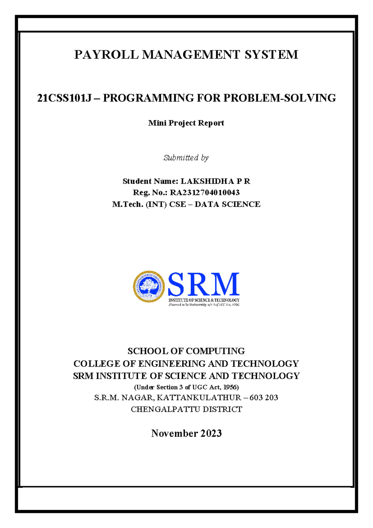 PPS Project - PAYROLL MANAGEMENT SYSTEM 21CSS101J – PROGRAMMING FOR PROBLEM-SOLVING Mini Project ...