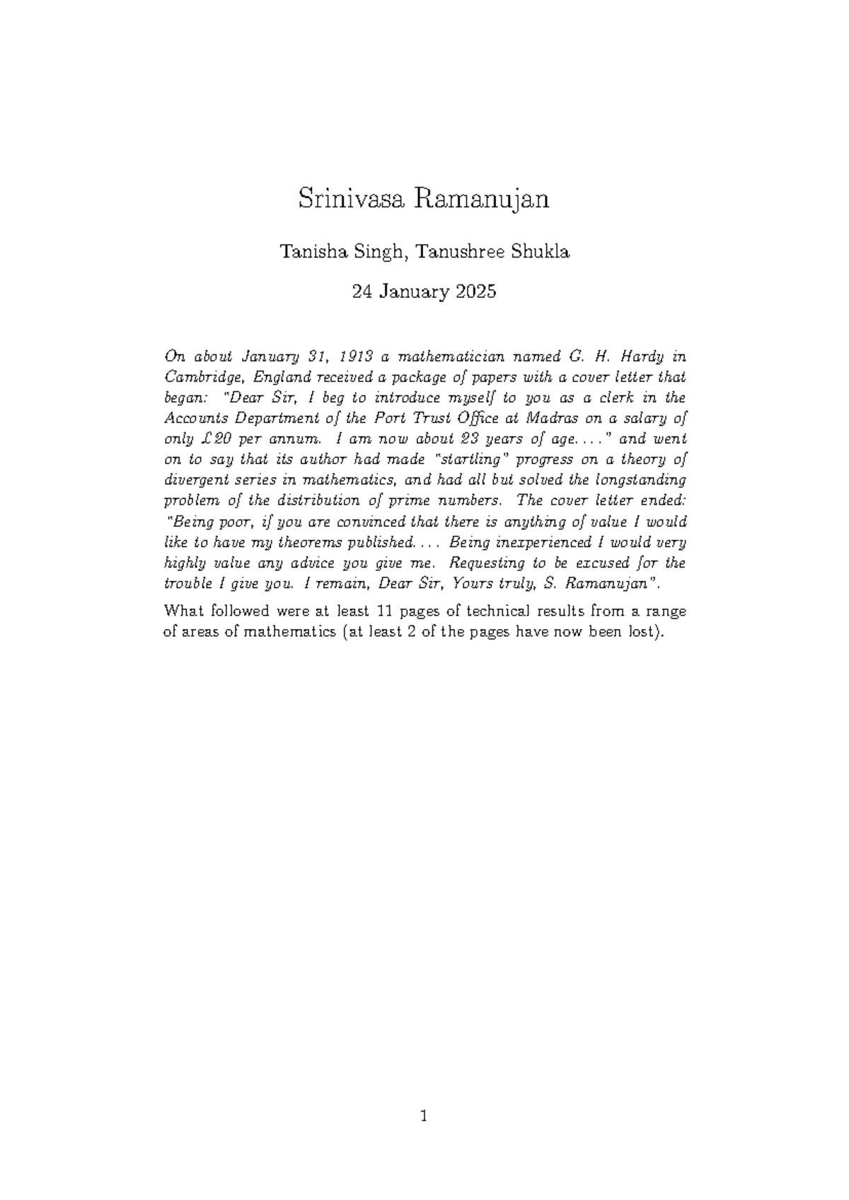 Second Assessment - Srinivasa Ramanujan Tanisha Singh, Tanushree Shukla ...