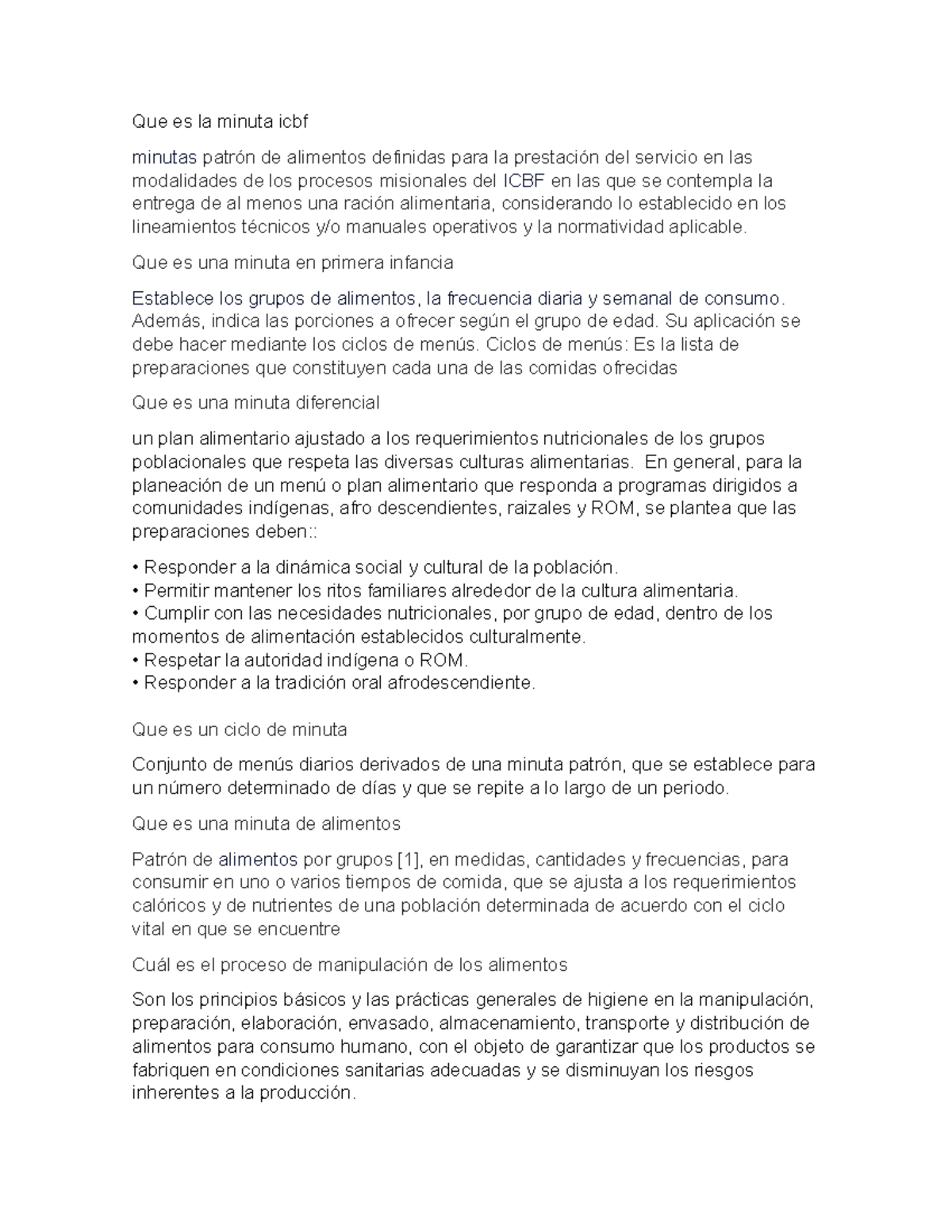 Minutas ICBF para la Primera Infancia: Guía y Aplicación - Studocu