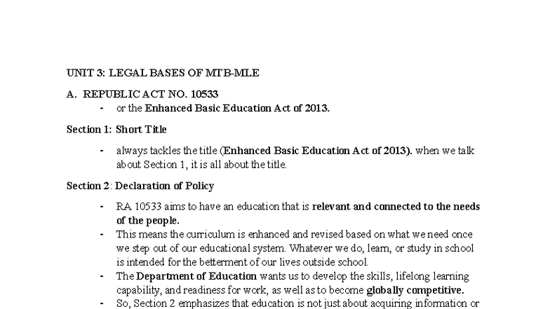 Legal Bases of Republic Act No. 10533: Enhanced Basic Education Act ...