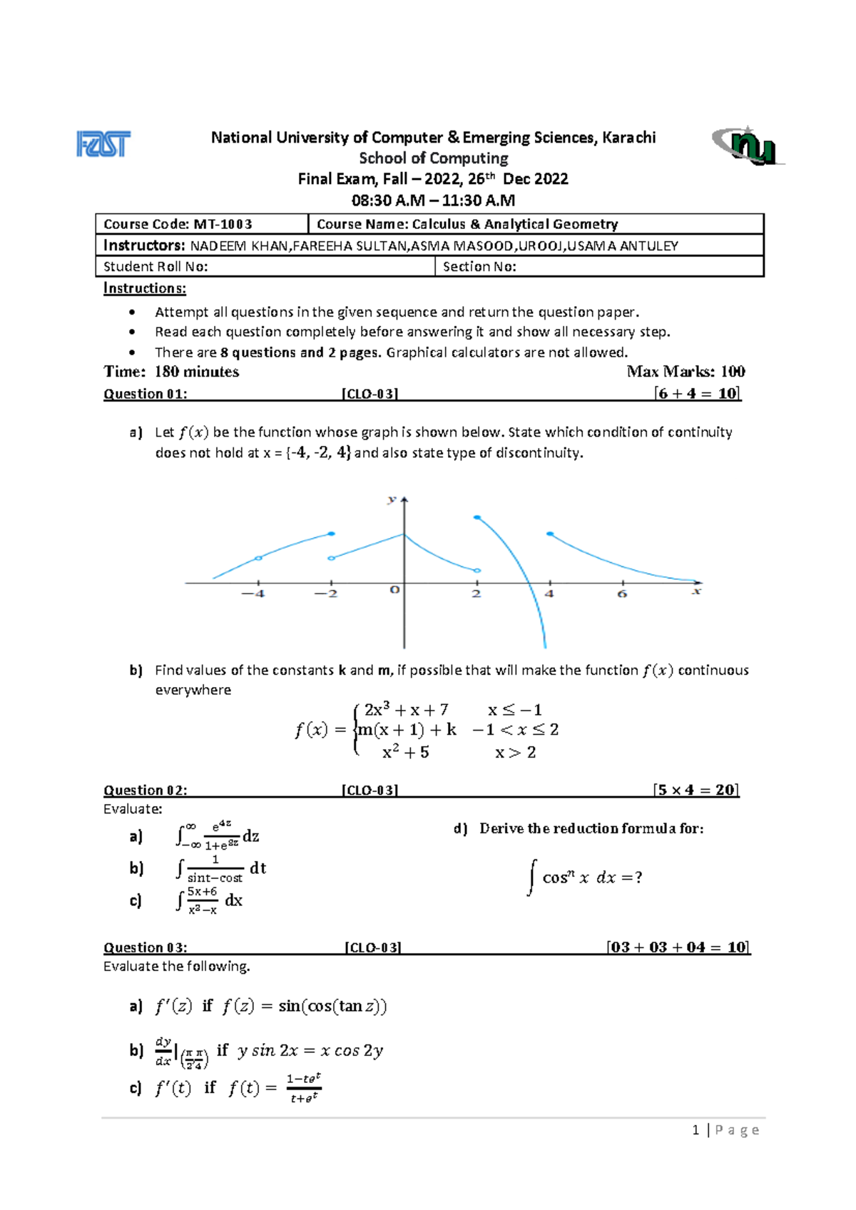 Calculus Analytical Geometry Final Exam - Fall 2022 - Studocu
