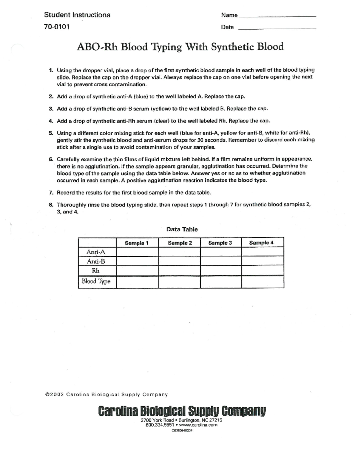 Blood Typing Student - Student Instructions Name Date Blood Typing With Synthetic Blood 1. Using ...