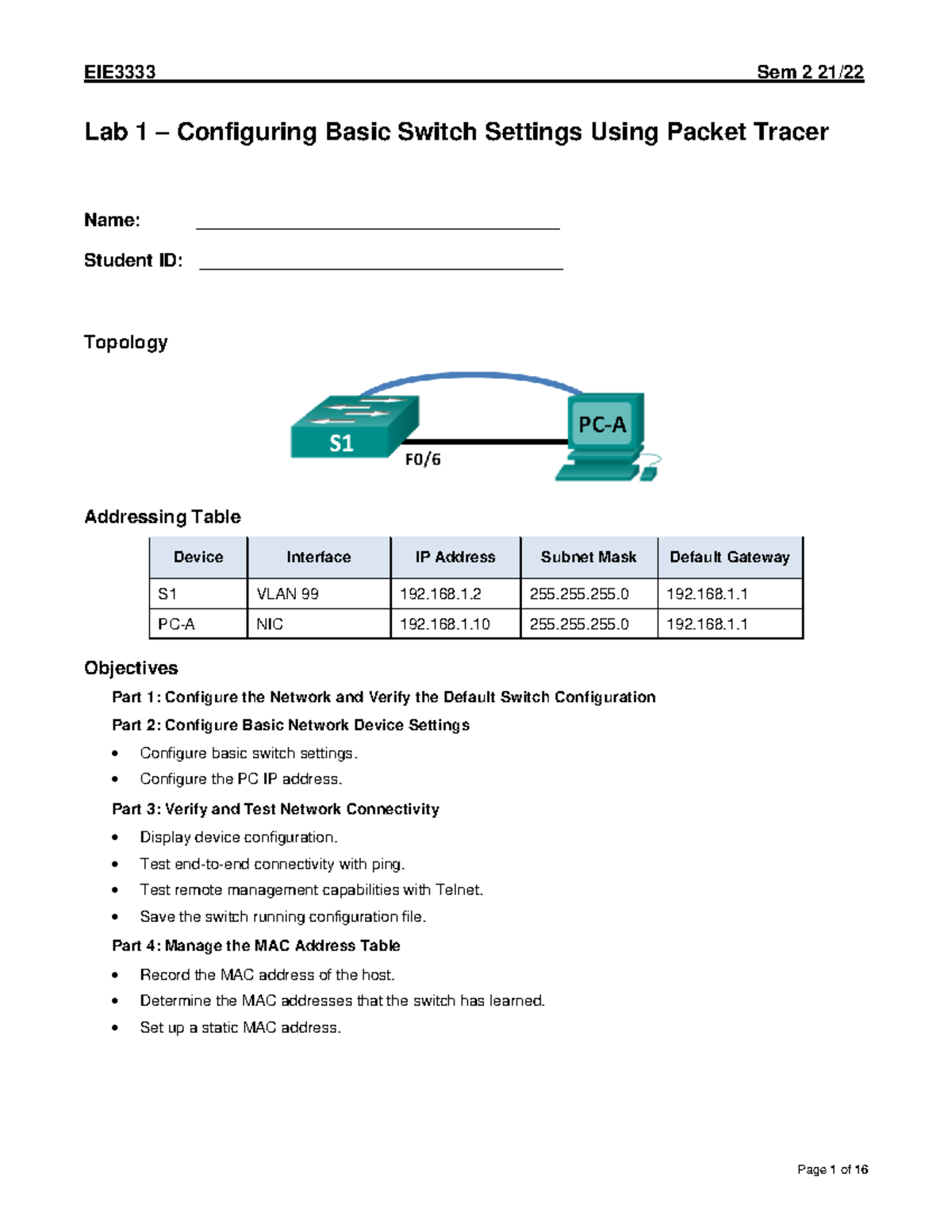Lab 1 Configuring Basic Switch Settings Eie3333 Sem 2 21 Lab 1
