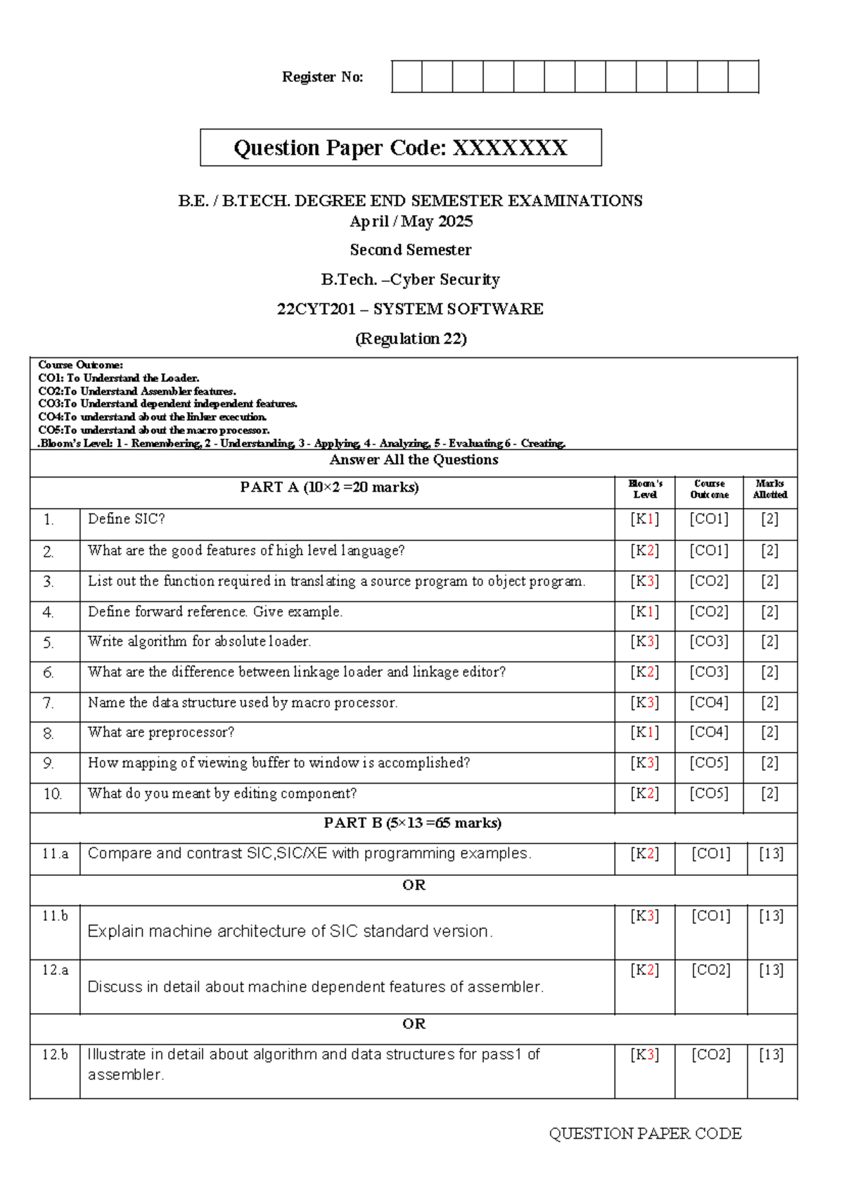 22CYT201 System software end semester exam question paper set 1 - Studocu