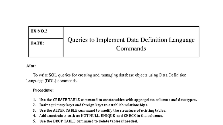 DBMS Lab EX.NO.2: SQL DDL Commands for Database Management - Studocu