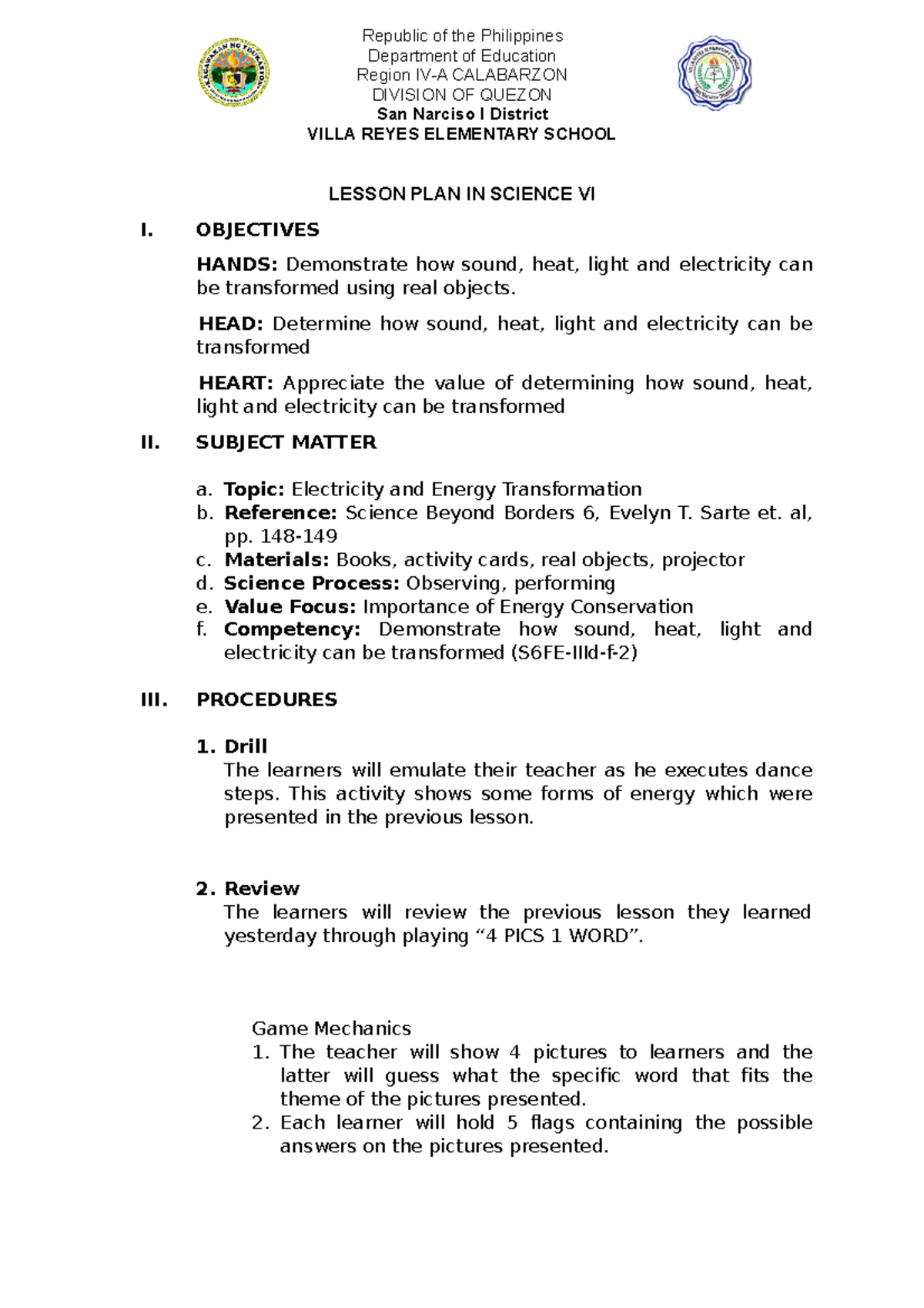 Lesson Plan: Electricity & Energy Transformation in Science VI - Studocu