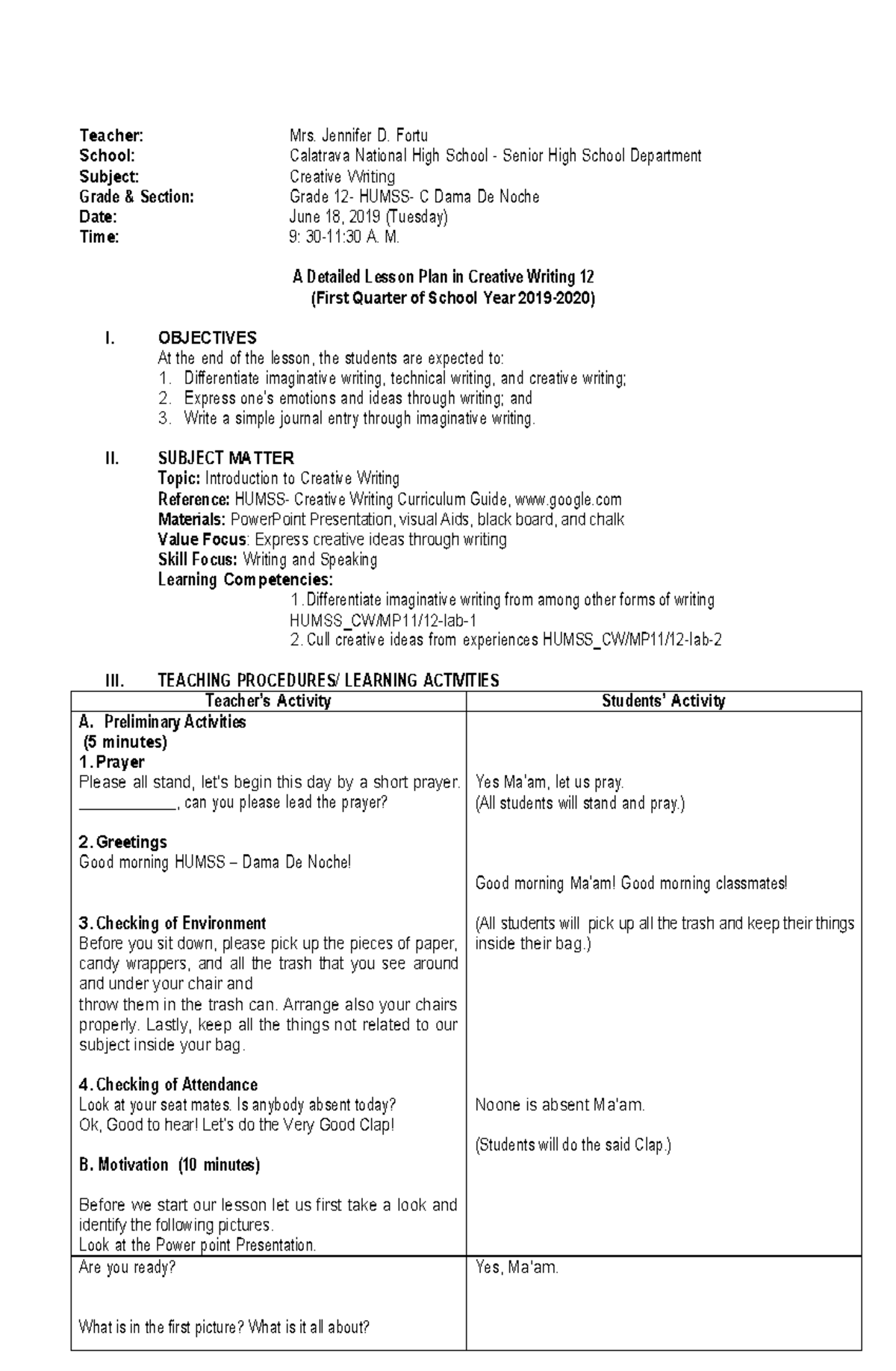 Detailed lesson plan quarter 1 4docx - Teacher: Mrs. Jennifer D. Fortu ...
