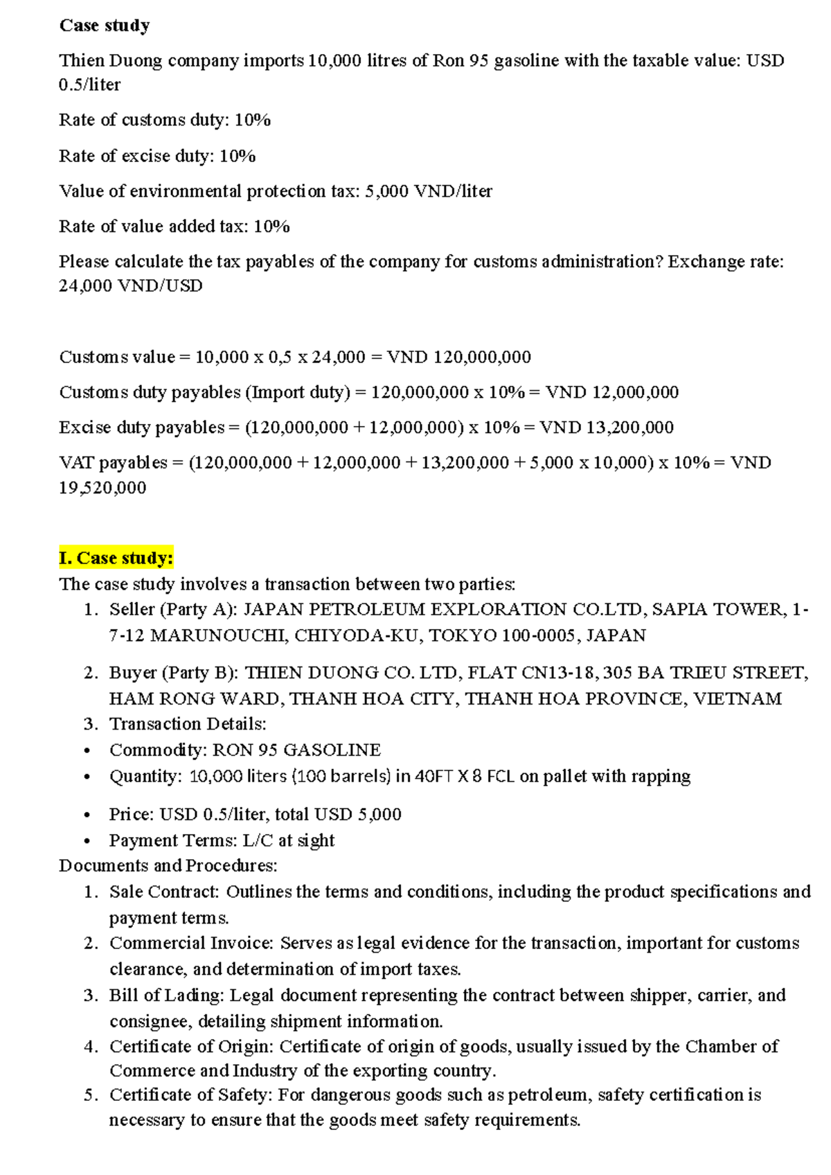 Case Study: Tax Payables Calculation for Thien Duong Co. (RON 95) - Studocu