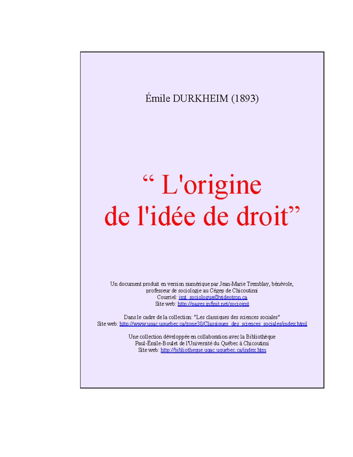 Émile Durkheim (1893) : Analyse du Droit et de la Sociologie - Studocu