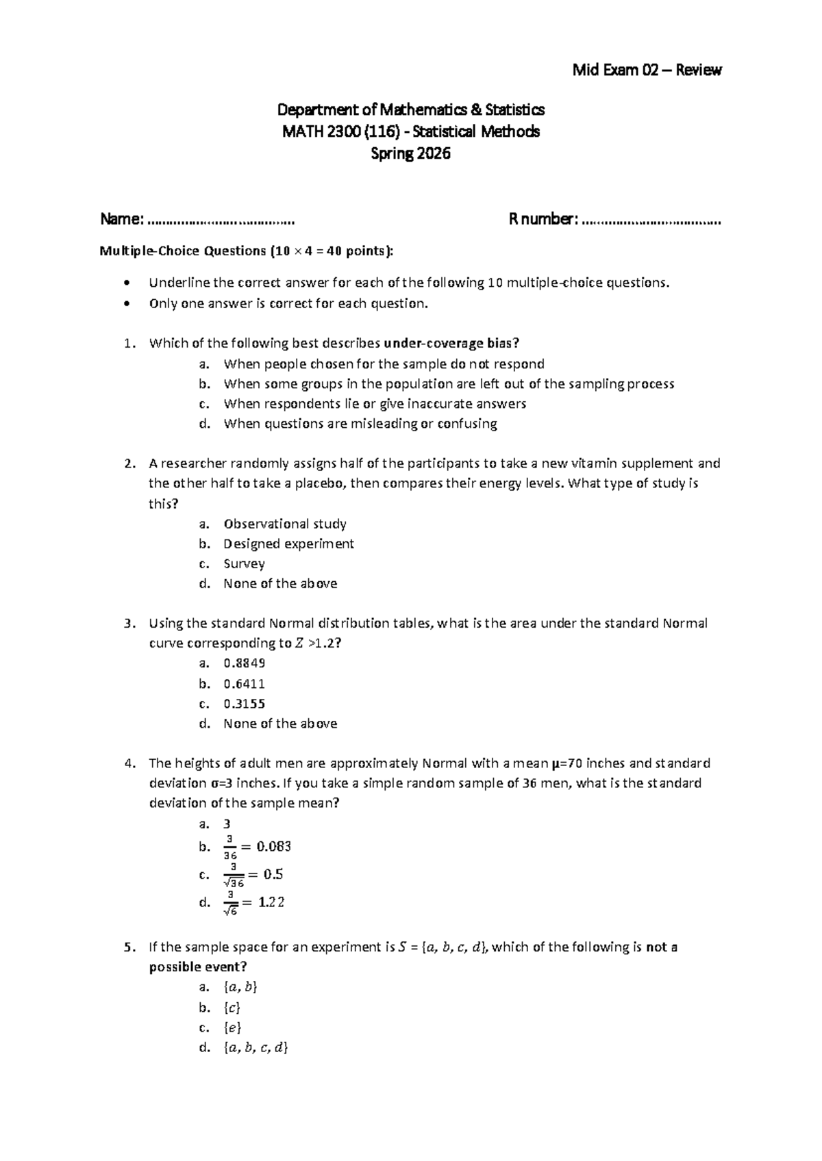 Mid Exam 02 Review - Statistical Methods MATH 2300 (116) Spring 2026 ...
