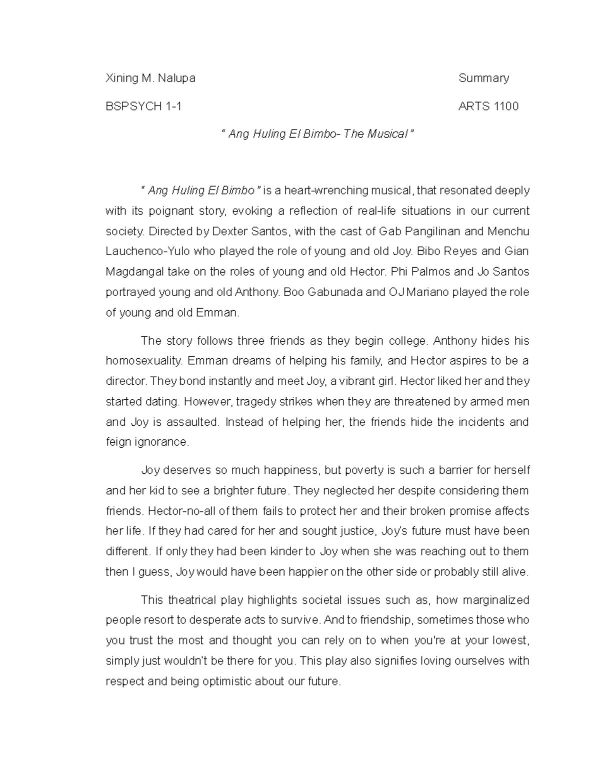 ART1100 - An Analysis of "Ang Huling El Bimbo" The Musical - Studocu