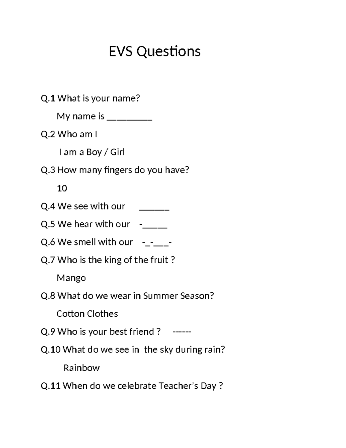EVS Questions for Kids: Fun Q&A on Nature and Seasons - Studocu