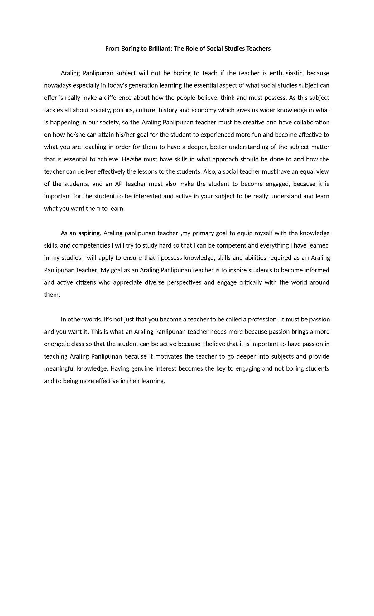 Araling Panlipunan Essay: Inspiring Engaging Teaching Strategies - Studocu